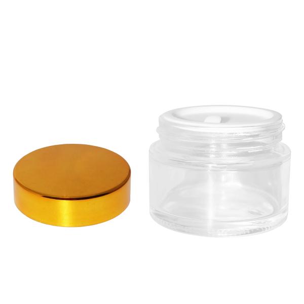 Quality Mirror Finish Golden Colored Lid Transparent Glass Cream Jars 30g Portable for sale
