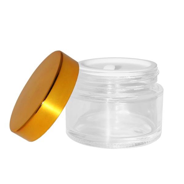 Quality Mirror Finish Golden Colored Lid Transparent Glass Cream Jars 30g Portable for sale