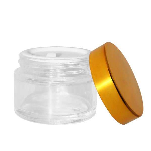 Quality Mirror Finish Golden Colored Lid Transparent Glass Cream Jars 30g Portable for sale