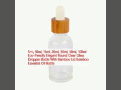 5ml, 10ml, 15ml, 20ml, 30ml, 50ml, 100ml Eco-friendly Elegant Round Clear Glass Dropper Bottle With Bamboo Lid Bamboo Essential Oil Bottle