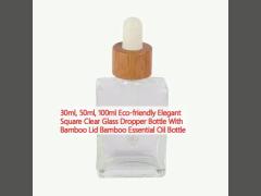 30ml, 50ml, 100ml Eco-friendly Elegant Square Clear Glass Dropper Bottle With Bamboo Lid Bamboo Essential Oil Bottle