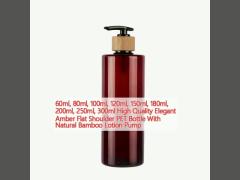 60ml 80ml 100ml 120ml 150ml 180ml 200ml 250ml 300ml Ambre Natural Elegante Flat Shoulder PET Flask com Bamboo Natural Lotion Pump
