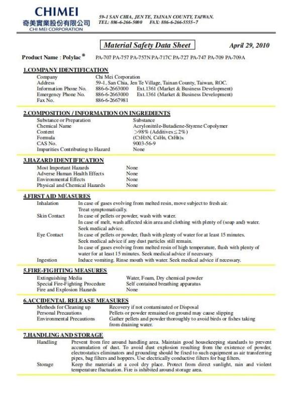 Material ABS MSDS - Ningbo Kinglan Plastic Industry Co., LTD