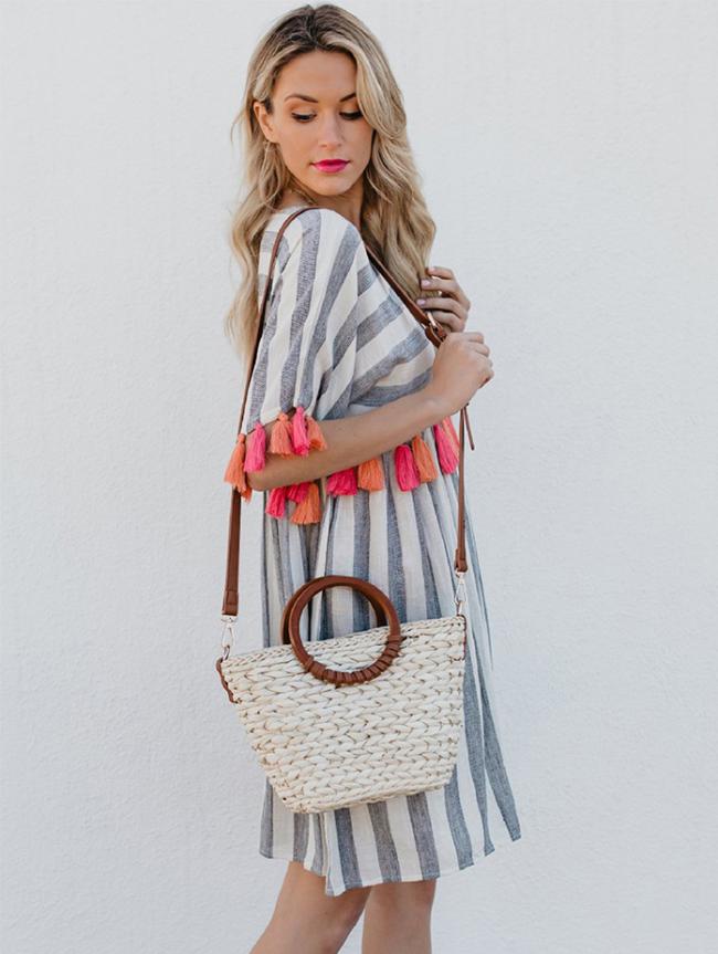 Casual striped dress with tassels detail view