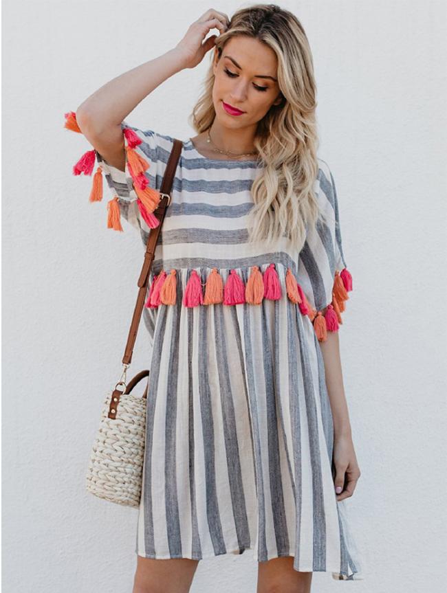 Casual striped dress with tassels styling