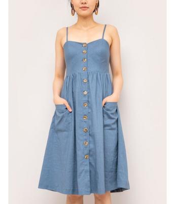 China Summer chambray midi linen dress with a fit & flare silhouette and a button up front for sale