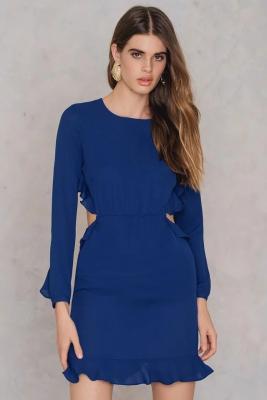 China Latest Ruffle Open Back Design Blue Formal Dresses Women for sale
