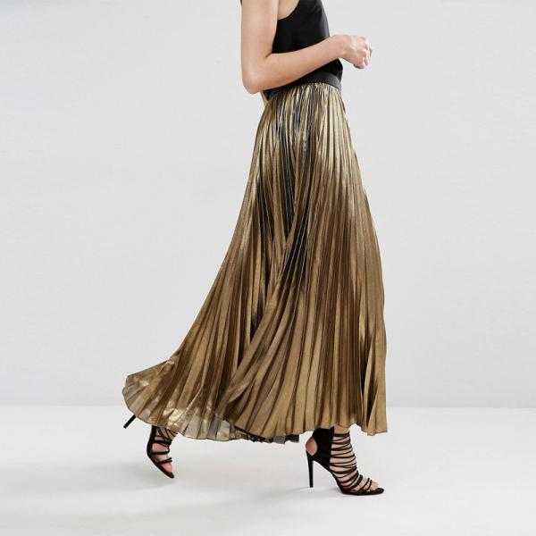 Custom service vrouwen kleding nieuwste rokken ontwerp goud lange gevouwen rok