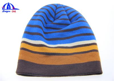 China Winter Warm Jacquard Stripe Logo Knitted Beanie Hats Blue Yellow Brown for sale