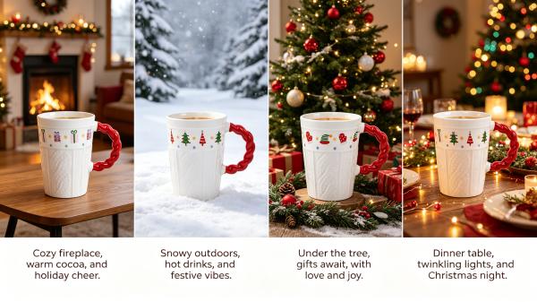 Quality Christmas Ceramic Mugs Set of 4, Festive Twist Handle Coffee Cups for Holiday Hot Chocolate, Tea & Beverages for sale