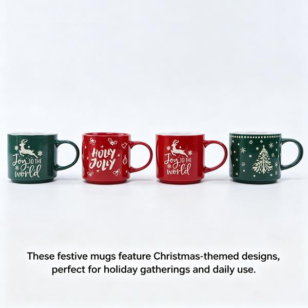 Quality Christmas Embossed Reindeer & Tree Ceramic Mug Set of 4 for sale