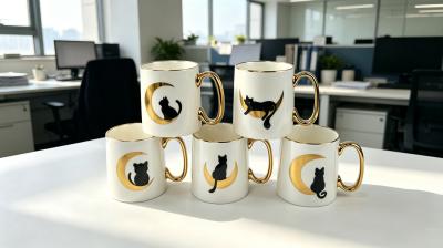 China Elegant Golden Crescent Moon & Black Cat Ceramic Coffee Mug with Gold Handle for sale