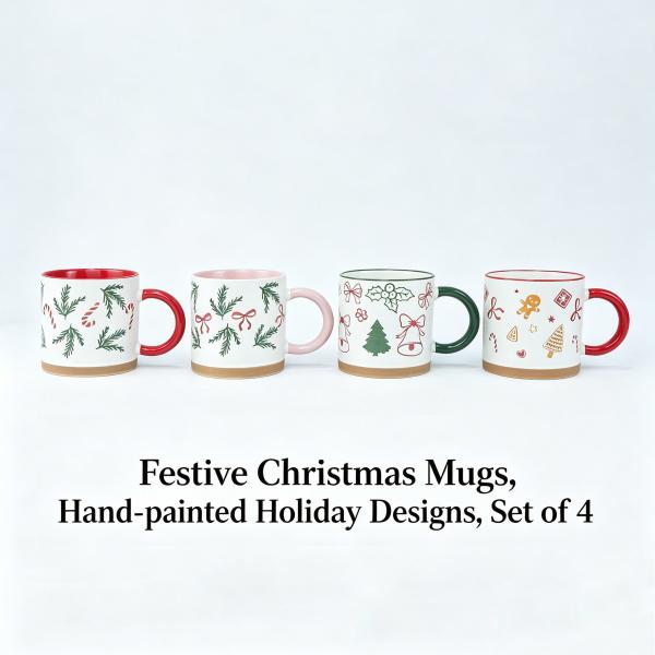 Quality Christmas Ceramic Mugs Set of 4, 15oz Festive Holiday Coffee Cups for sale