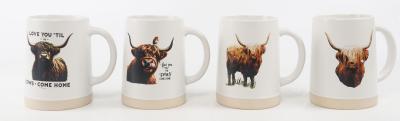 China Rustic Highland Cow Ceramic Mug 4-Piece Set, Farmhouse Cow Art Love Quote Coffee Mugs with Natural Clay Base for sale