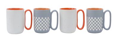 China Modern Checkerboard Speckled Color Block Ceramic Mug Set, Grey & White Two-Tone Coffee Cups with Orange Interior Accent for sale