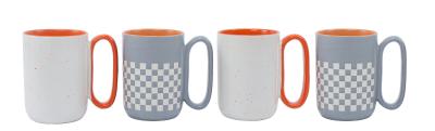 China Modern Checkerboard Speckled Color Block Ceramic Mug Set, Grey & White Two-Tone Coffee Cups with Orange Interior Accent for sale
