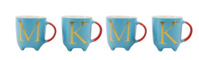 China Color Block Gold Monogram Ceramic Mug, Light Blue Three-Legged Base Initial Letter Coffee Cup with Red Handle for sale