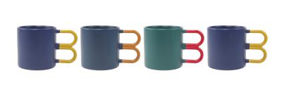China Modern Minimalist B-Shaped Dual Loop Handle Matte Ceramic Mug Set, Color Block Contrast Geometric Coffee Cups for sale
