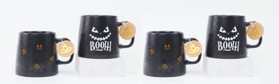 China Halloween Matte Black Embossed Ceramic Mug Set, Spooky Boo Ghost Face & Pumpkin Flower Gothic Coffee Cups for sale