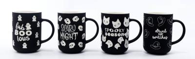 China Halloween Spooky Black Matte Ceramic Mug Set – 4 Designs Ghost, Skull, Black Cat, Witch Hat Coffee Cups for sale