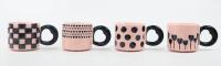China Pink Base Black Pattern Heart Handle Ceramic Mugs for sale