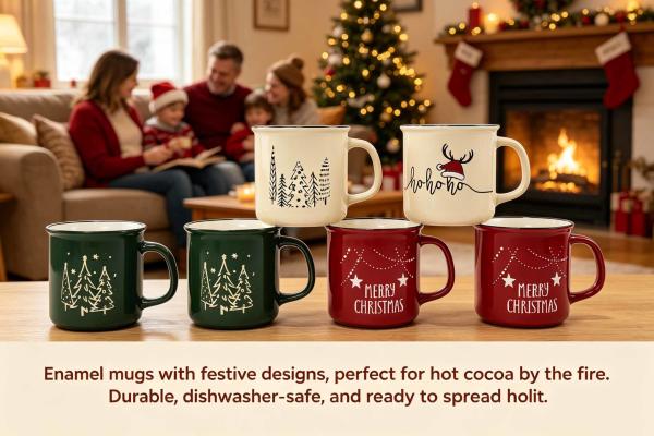 Quality Christmas Festive Enamel Style Ceramic Mugs Set for sale
