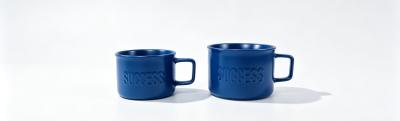 China Royal Blue Embossed SUCCESS Square Handle Ceramic Mug Duo, 2 Size Short Cylinder Motivational Mug Set for sale