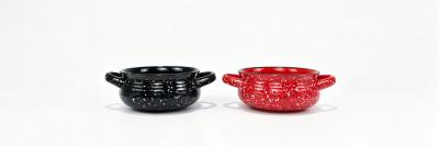 China Speckled Double Handle Ribbed Ceramic Soup Bowl Set for sale