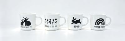 China 4 Pack Black Silkscreen Easter Ceramic Mugs, White Retro Camp Style Coffee Cups with Bunny Floral Rainbow Prints, Spring Easter Gift Mugs for Home Kitchen for sale