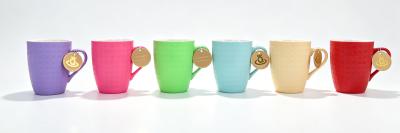 China Pastel Embossed Grid Ceramic Coffee Mugs Set, Solid Color Textured Tea Cups with Brand Hang Tag, Multicolor Porcelain Drinking Mugs for Home Office Daily Use, Gift for Women Friends for sale