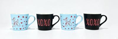 China Valentine Couple Ceramic Mug Set of 4, XOXO & Balloon Dog Heart Print Coffee Cups, Light Blue Black Matching Love Mugs for Anniversary Gift for sale