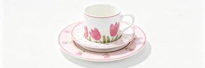 China 3 Piece Pink Tulip Floral Porcelain Tea Set, Hand Drawn Watercolor Flower Teacup Saucer Plate Combo, White Ceramic Single Serving Afternoon Tea Tableware Gift for Women for sale