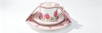 China Pink Tulip Floral Tea Cup Saucer Plate Gift Set with Hello Spring Floral Paper Sleeve, Watercolor Tulip Porcelain Single Serving Afternoon Tea Tableware, Spring Floral Ready-to-Gift Coffee Set for sale