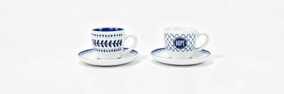 China Indigo Blue Hand-Drawn Folk Art Ceramic Cup & Saucer 4-Style Complete Collection for sale