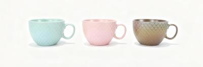 China 3D Embossed Diamond Lattice Large Capacity Ceramic Soup Mugs 3 Pastel Color Set for sale