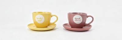 China 2 Pack Good Morning Quote Ceramic Cup and Saucer Sets, Matte Yellow Pink Positive Slogan Coffee Mugs for Breakfast & Gift for sale