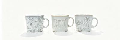 China 3 Pack Neutral Embossed Seasonal Ceramic Mugs, White Speckled Emboss Letter & Pumpkin Coffee Cups for Fall Winter Home Decor & Holiday Gifts for sale