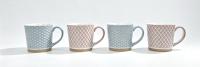 Quality Set of 4 Embossed Geometric Textured Ceramic Mugs, Pastel Blue Honeycomb & Blush for sale