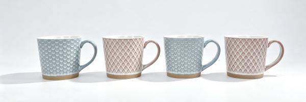 Quality Set of 4 Embossed Geometric Textured Ceramic Mugs, Pastel Blue Honeycomb & Blush Pink Diamond Pattern Stoneware Coffee Cups with Natural Raw Clay Base, Microwave & Dishwasher Safe Modern Farmhouse for sale
