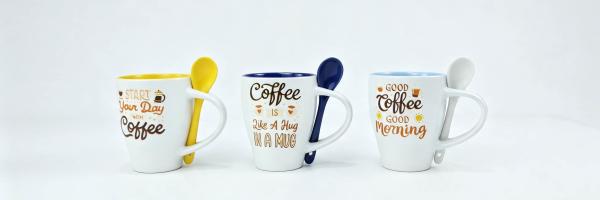 Quality 6‑Pack Coffee Quote Ceramic Mugs with Matching Spoons for sale