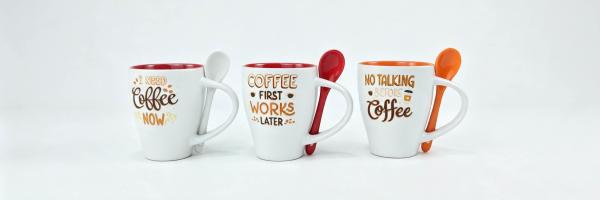 Quality 6‑Pack Coffee Quote Ceramic Mugs with Matching Spoons for sale