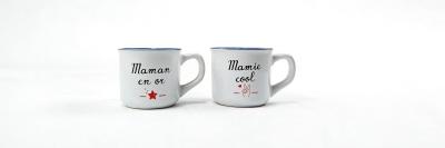 China 2‑Pack French Quote Ceramic Mugs, White Camp‑Style Coffee Cups with Blue Rim for sale
