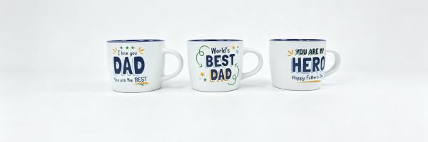 Quality Father’s Day Ceramic Coffee Mug Set of 3, White Short Wide Tea Cups with Navy Blue Rim Gift for Dad for sale