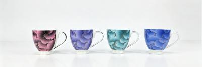 China Colorful Ginkgo Leaf Printed Ceramic Coffee Mug Set of 4, Footed Floral Tea Cups with Gold‑Trimmed Handle for sale