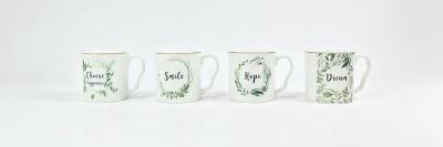 China Inspirational Green Leaf Wreath Ceramic Mug Set, 4‑Pack Positive Quote Coffee Cups for sale