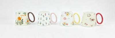 China Spring Floral Conical Ceramic Mug Set of 4, Large Contrast‑Color Loop Handle Coffee Cups for sale