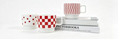 China Red & White Geometric Stackable Ceramic Mug Set of 3, Checkerboard Polka Dot Wavy‑Line Coffee Cups with Square Handle for sale