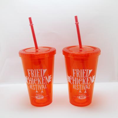 China Logo Printed Custom Giveaways 16oz Double Wall Plastic Cup with Straw for sale