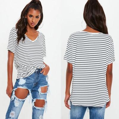 China White and Navy Striped V Neck Boyfriend Clothing T Shirt Women for sale