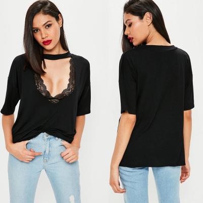 China Black Choker Neck Cut Out Clothing T Shirt Women for sale